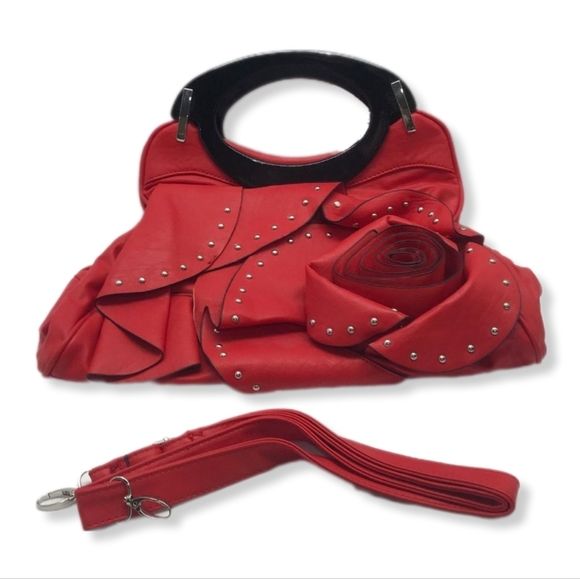 Bags | Floral Studded Red Leather Designer Handbag With Detachable ...